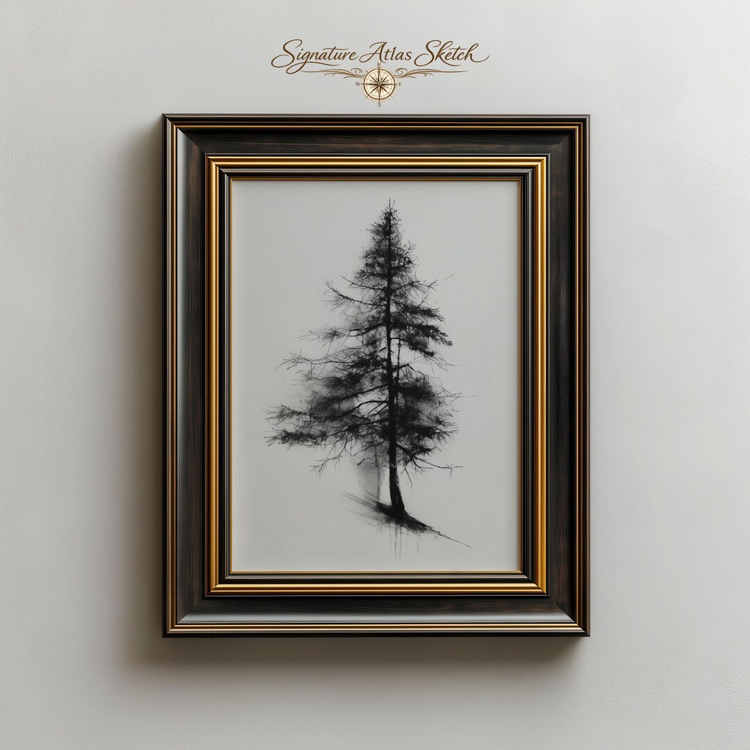 Antique Larch Tree Drawing - Printable Monochrome Sketch, Scandinavian ...