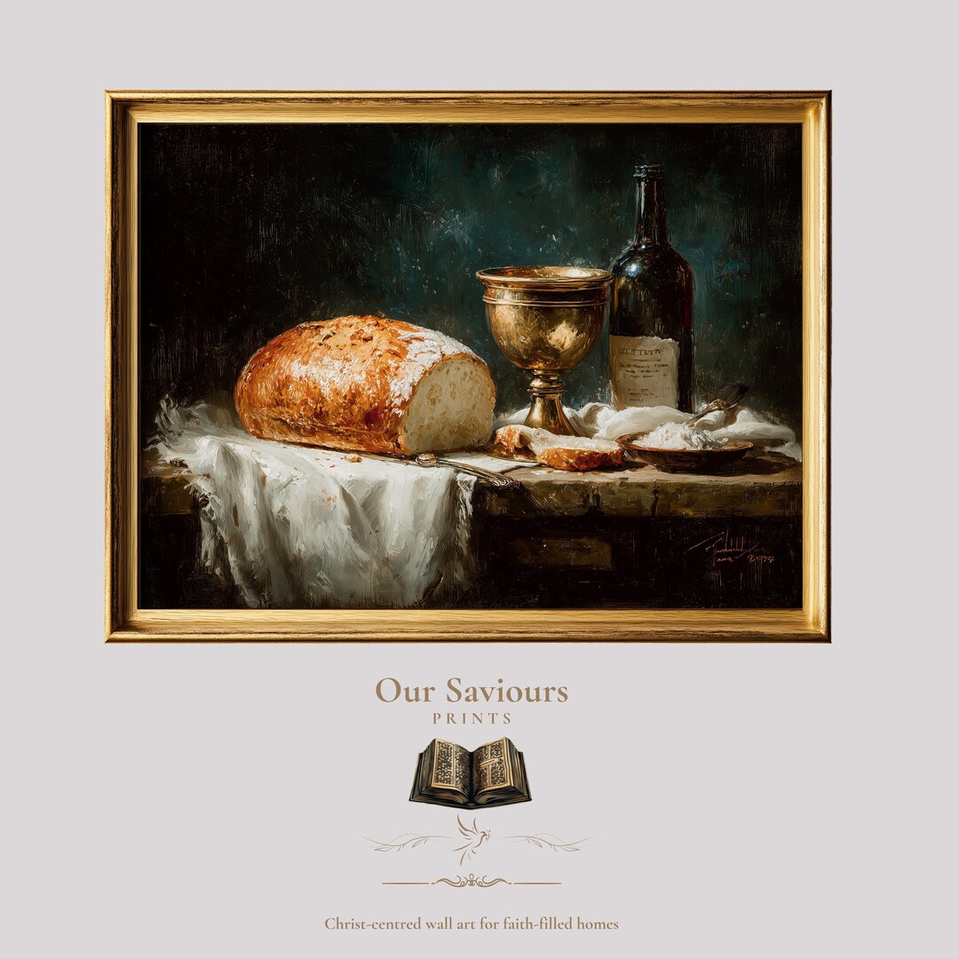 Rustic Communion Still Life Painting - Classic Vintage Art With Chalice ...