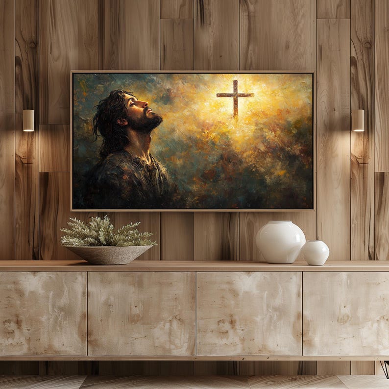 Medieval Jesus in Prayer TV Art, Frame TV Art With Heavenly Light ...