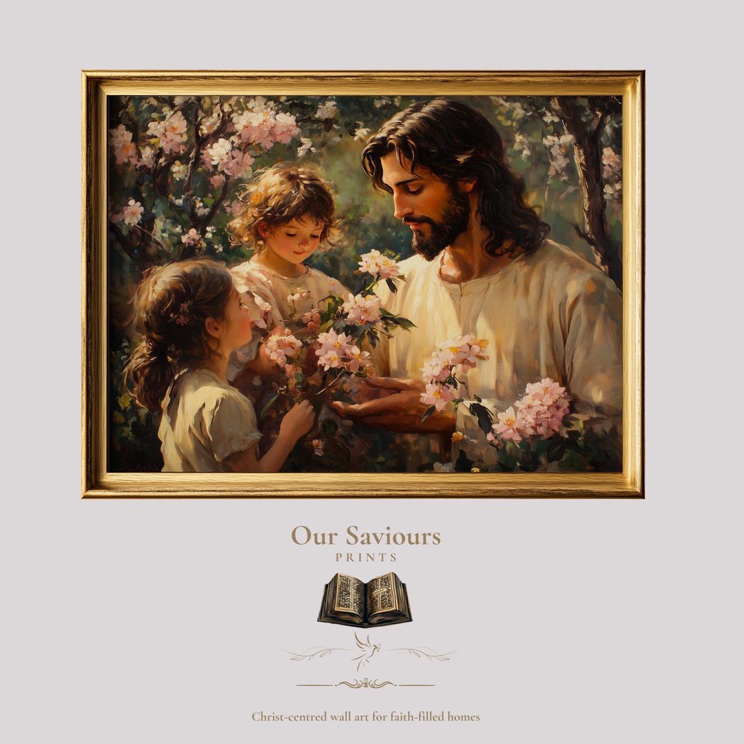 Jesus With Children in Blooming Garden - Serene Christian Wall Art ...