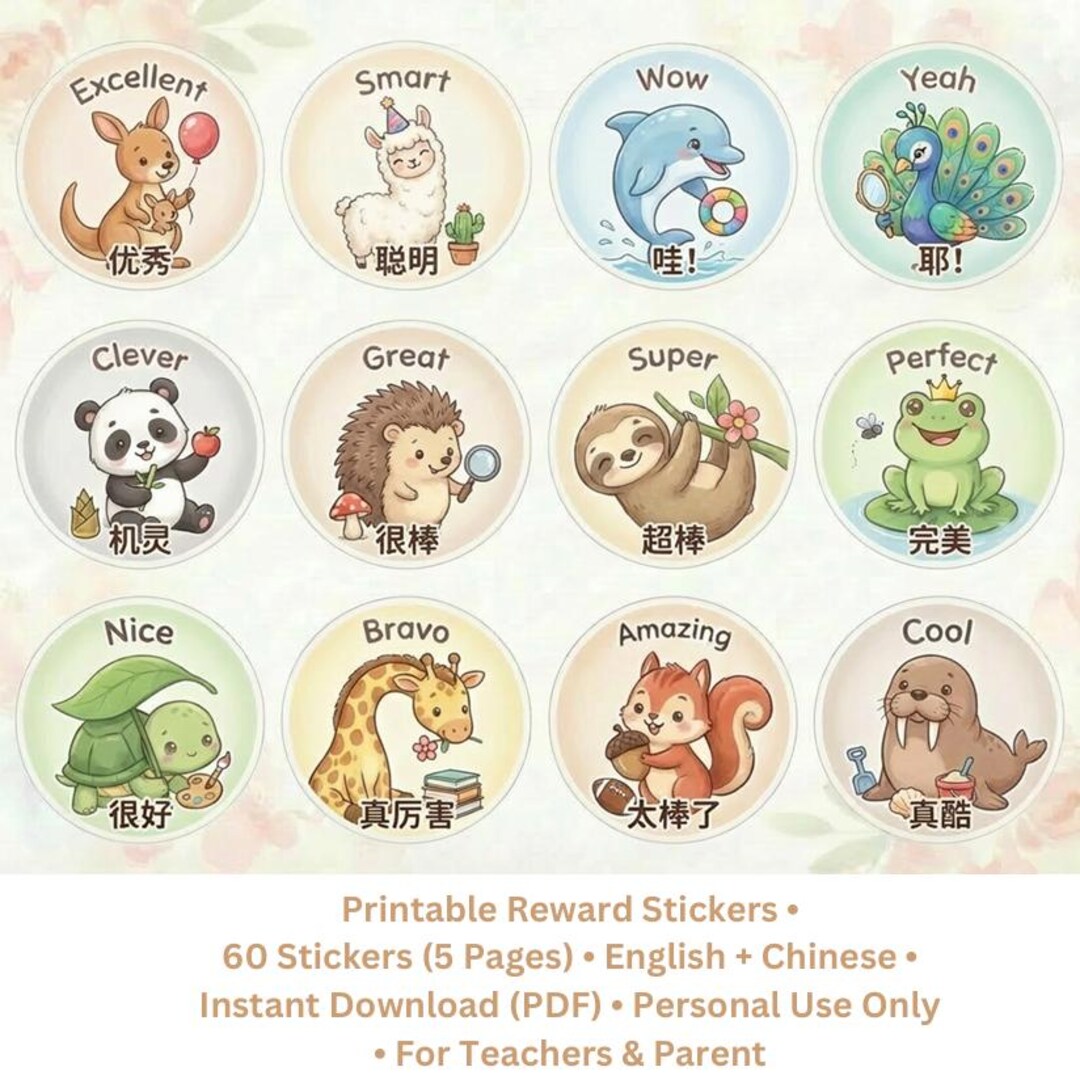 Bilingual Reward Stickers for Kids | Cute Animal Printable Stickers ...