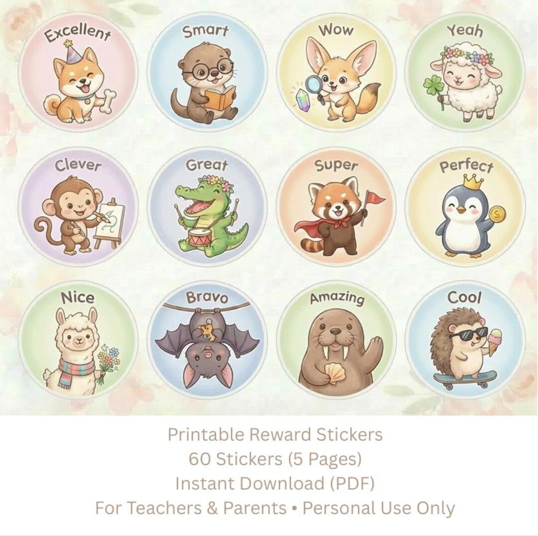 Printable Reward Stickers for Kids Cute Animal Stickers 60 Stickers ...