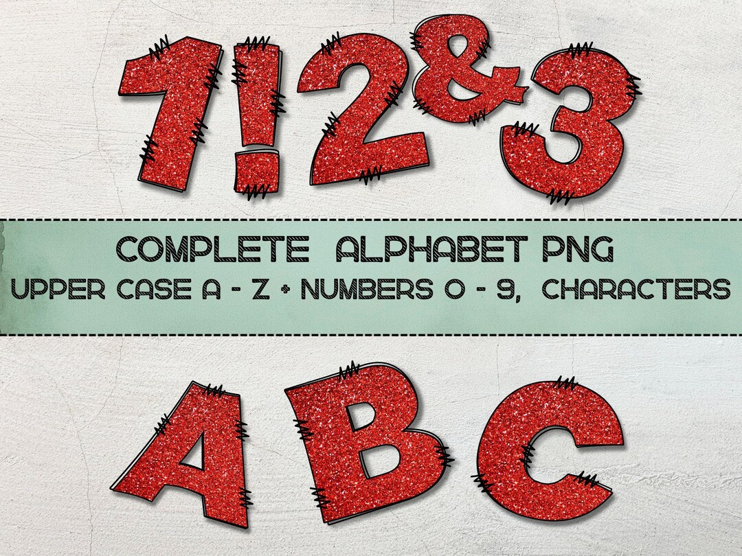Red Glitter Doodle Alphabet PNG | Stitched 3D Letters A–Z, Numbers 0–9 ...