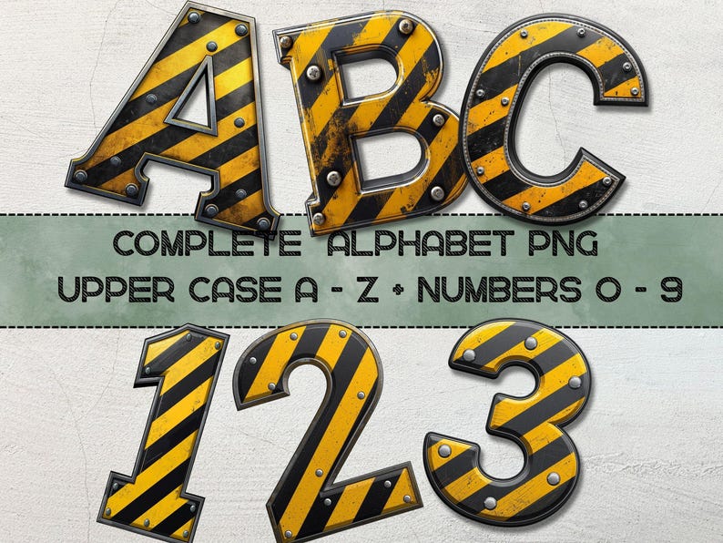 Construction Alphabet PNG – Hazard Stripe Letters & Numbers A–Z, 0–9 ...
