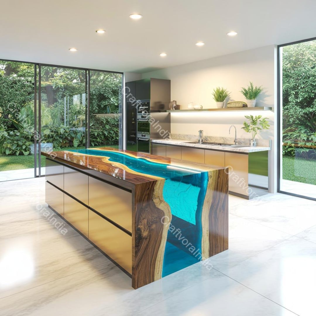 Modern Teal Blue Epoxy Resin Kitchen Island Custom Wood Countertop for ...