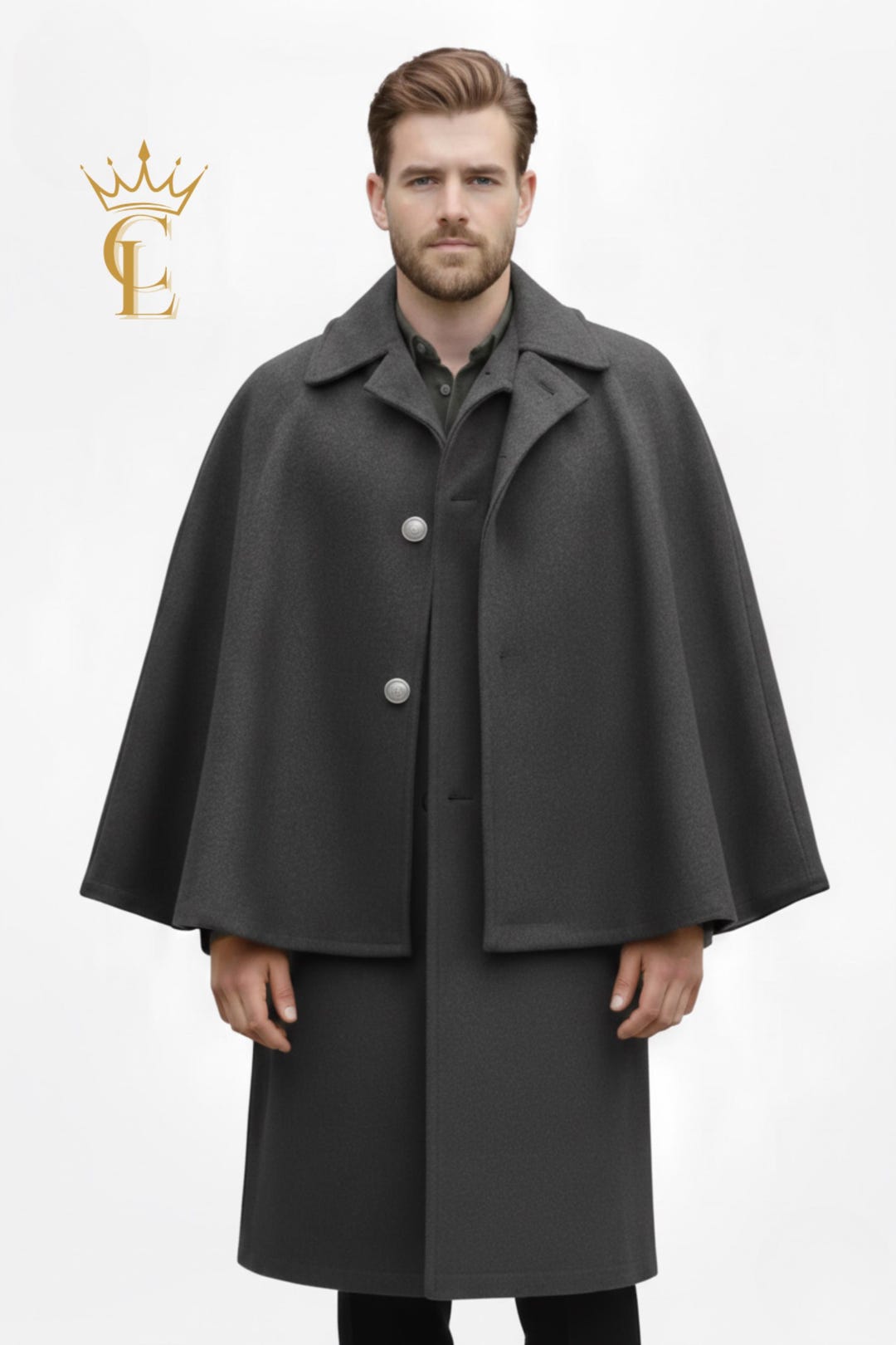 Handmade Classic Men's Victorian Style Overcoat - Dark Grey Wool Cape ...