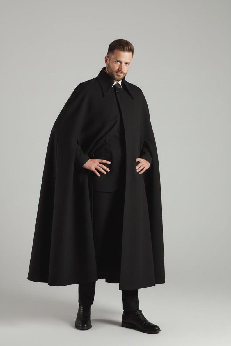 Mens Black Inverness Cape Coat | Wool Cape Coat| Black Winter Longcoat ...