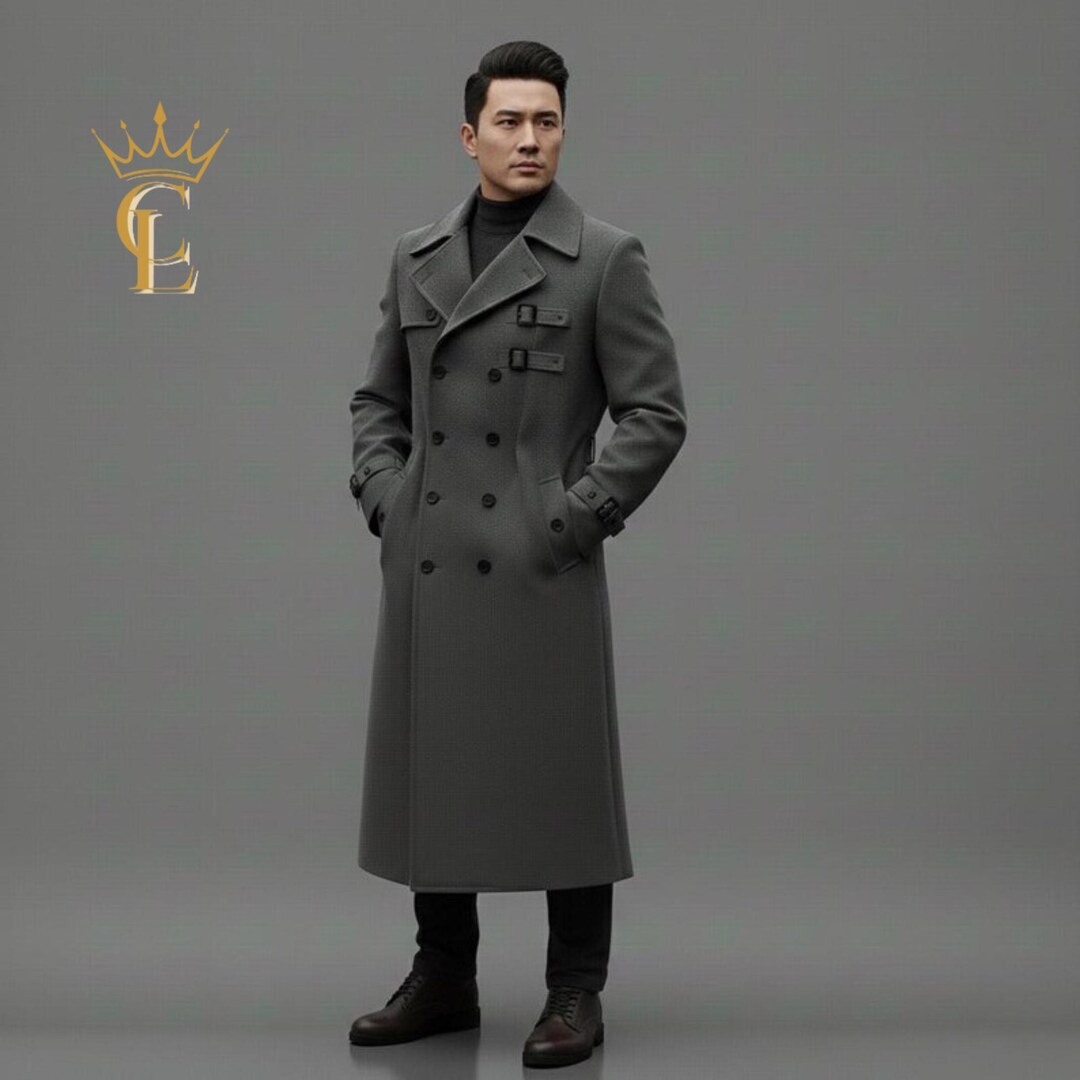 Men’s Long Grey Wool Longcoat Double Breasted Greatcoat Warm Formal ...