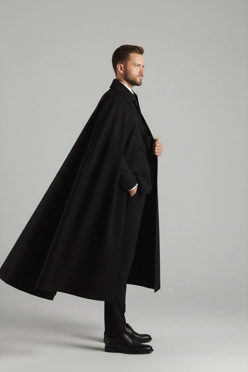 Mens Black Inverness Cape Coat | Wool Cape Coat| Black Winter Longcoat ...