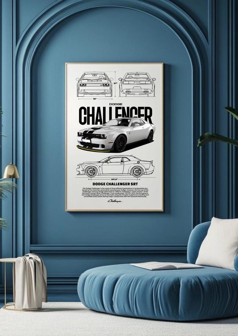 Dodge Challenger SRT Blueprint Poster | Muscle Car Technical Art ...