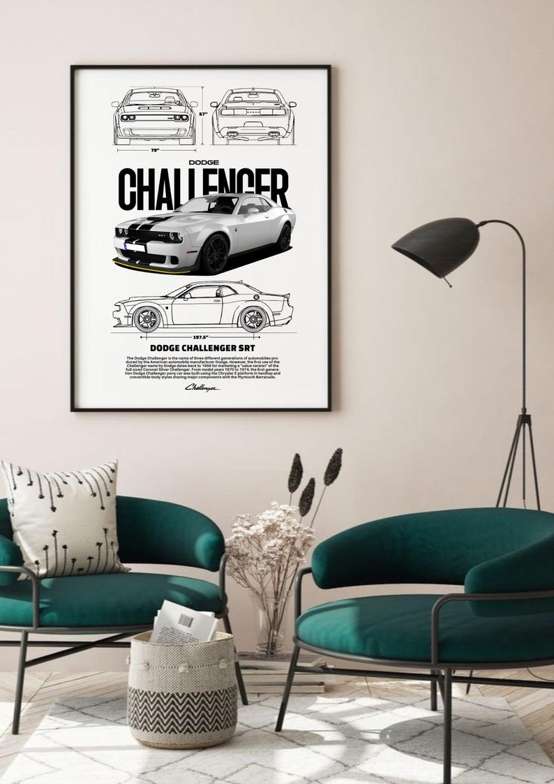 Dodge Challenger SRT Blueprint Poster | Muscle Car Technical Art ...