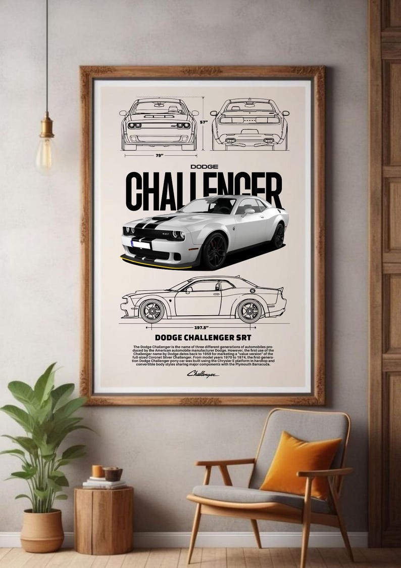 Dodge Challenger SRT Blueprint Poster | Muscle Car Technical Art ...