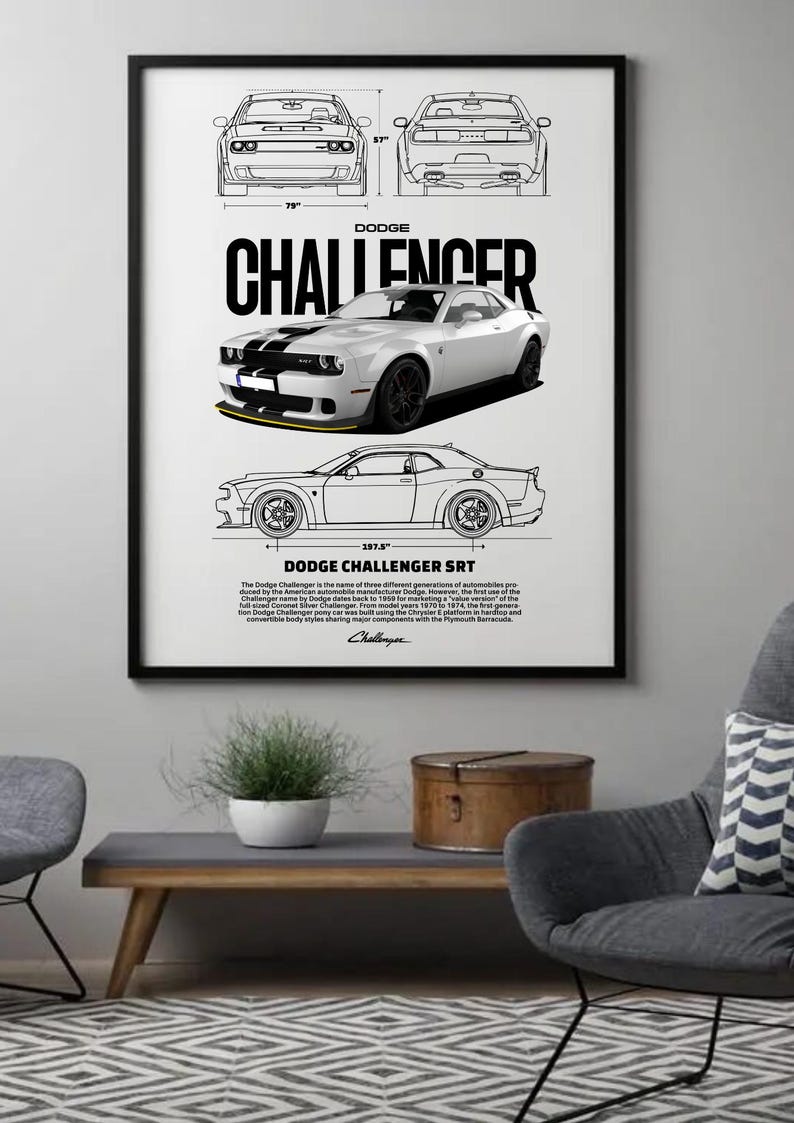 Dodge Challenger SRT Blueprint Poster | Muscle Car Technical Art ...