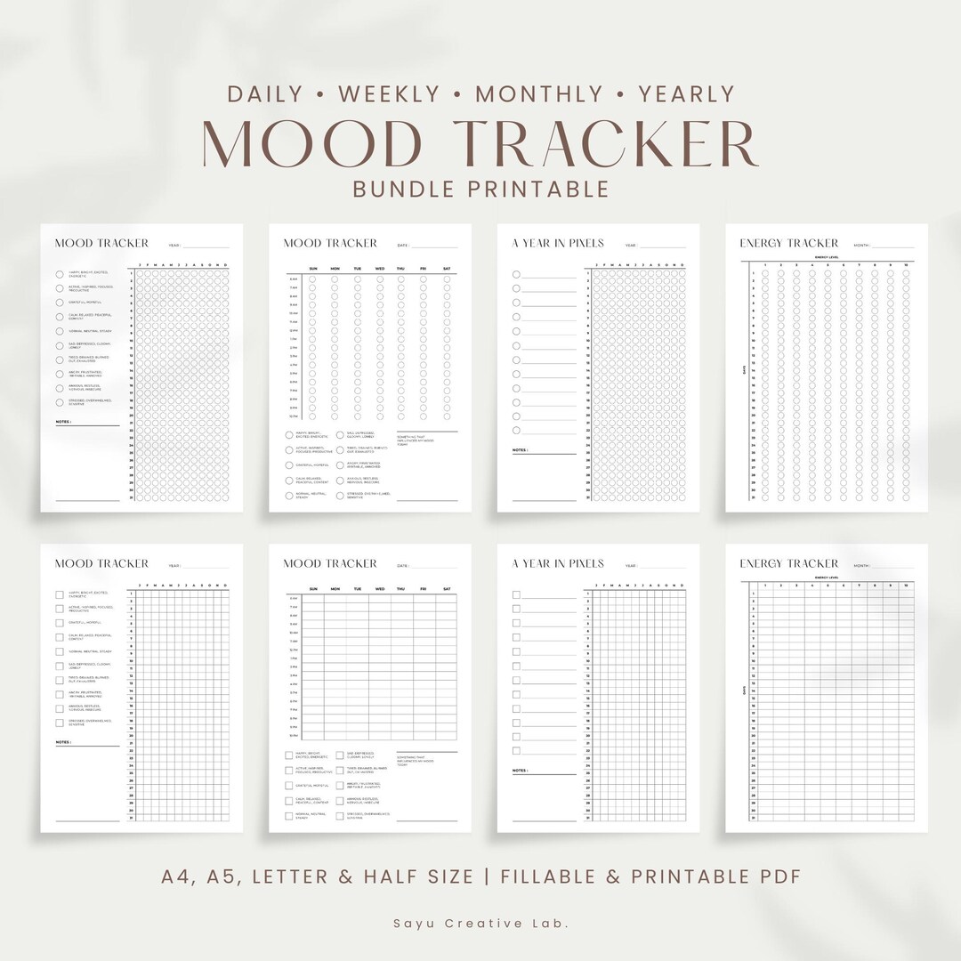 Mood Tracker Bundle Printable | Daily Weekly Monthly & Yearly Trackers ...