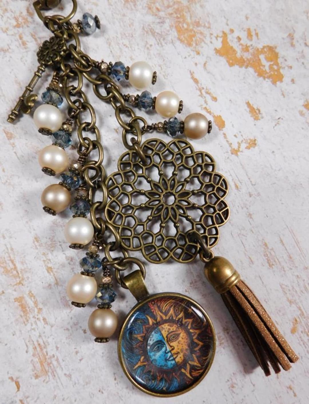 Sun Moon Filigree Medallion Purse Charm Bag Clip Antique Brass Blue ...