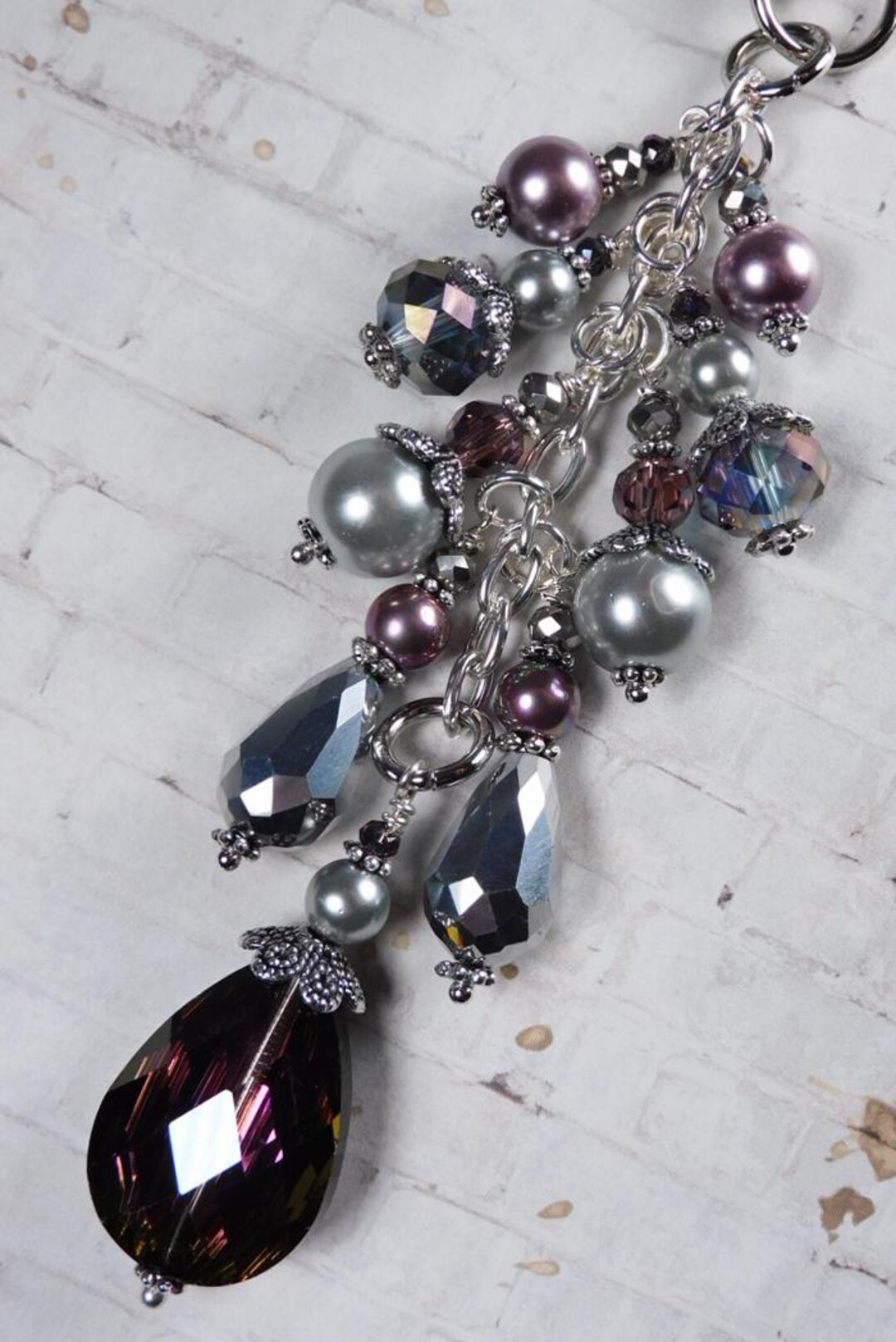 Purple Teardrop Glass Crystal Purse Charm Bag Clip Cluster Chain ...
