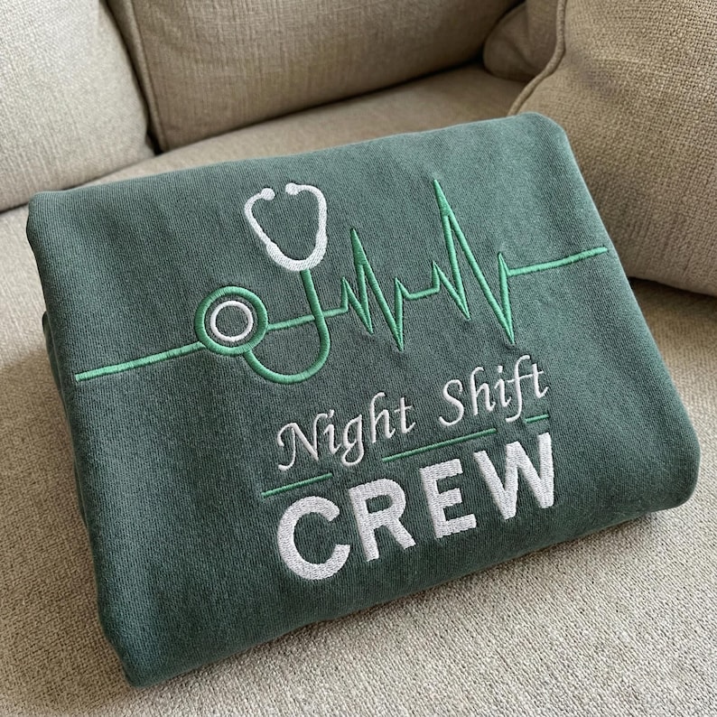 Night Shift Crew Embroidery Design With Stethoscope and ECG Line ...