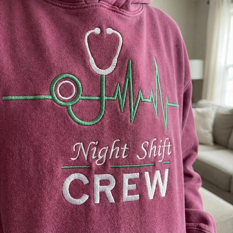 Night Shift Crew Embroidery Design With Stethoscope and ECG Line ...