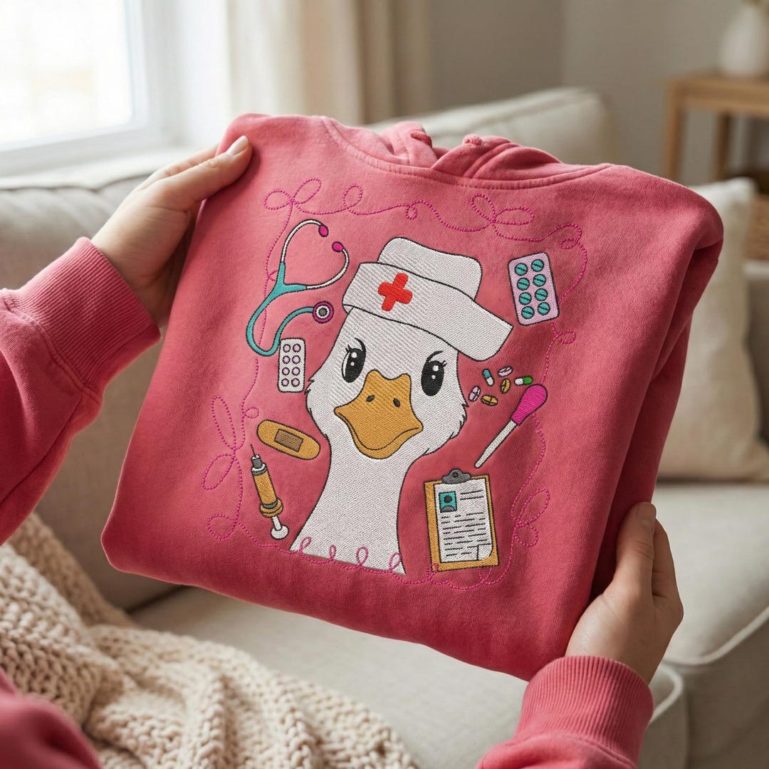 Nurse Embroidery Design | Cute Goose Nurse With Medical Tools Cartoon ...