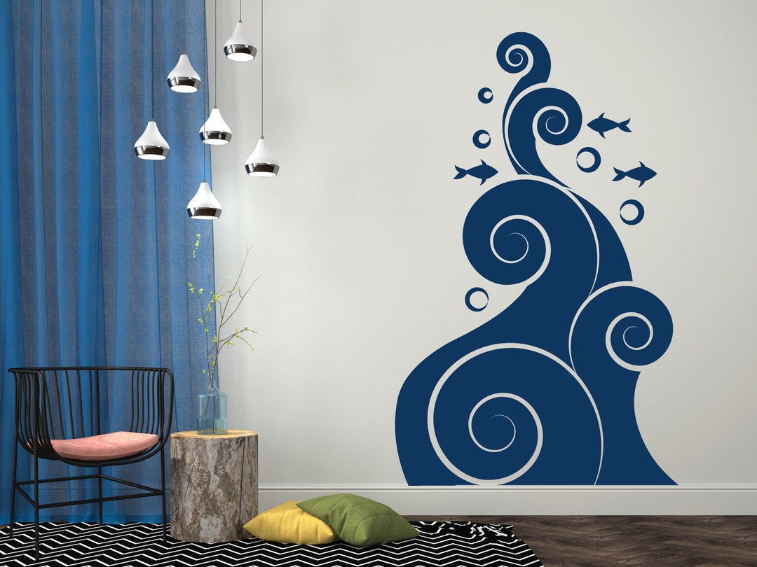 Ocean Wave Wall Decal, Waves Wall Art, Fish Decor, Tidal Wave Designs ...