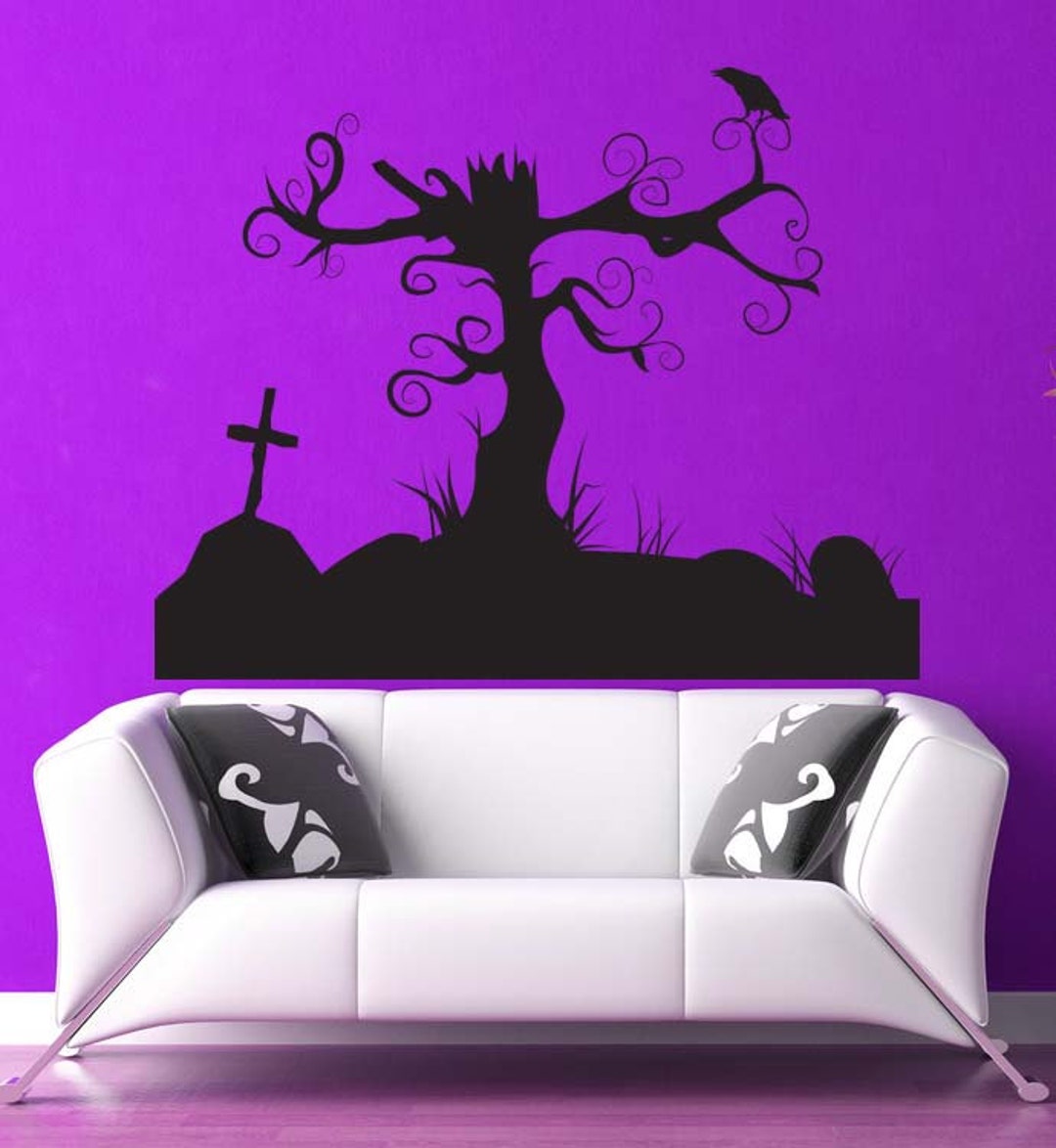 Halloween Wall Decal Cemetery Scene Bats Cross Tombstones - Etsy