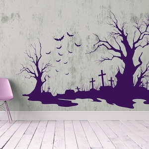 Graveyard Wall Art, Halloween Wall Decal, Cemetery Scene, Bats ...