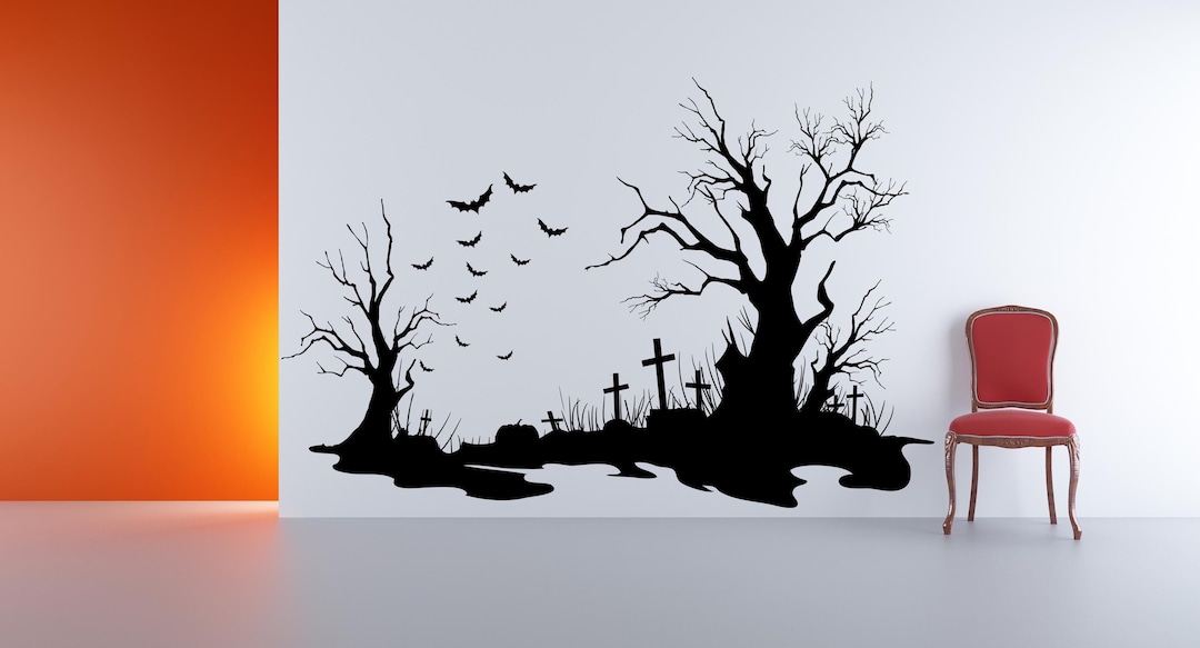 Cemetery Scene, Spooky Bats Artwork, Halloween Decor, Tombstones ...