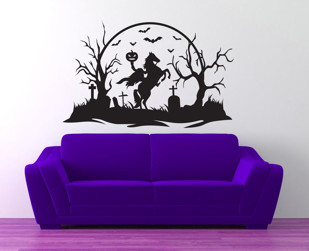 Headless Horseman Decor, Spooky Halloween Decal, Cemetery Scene, Bats ...