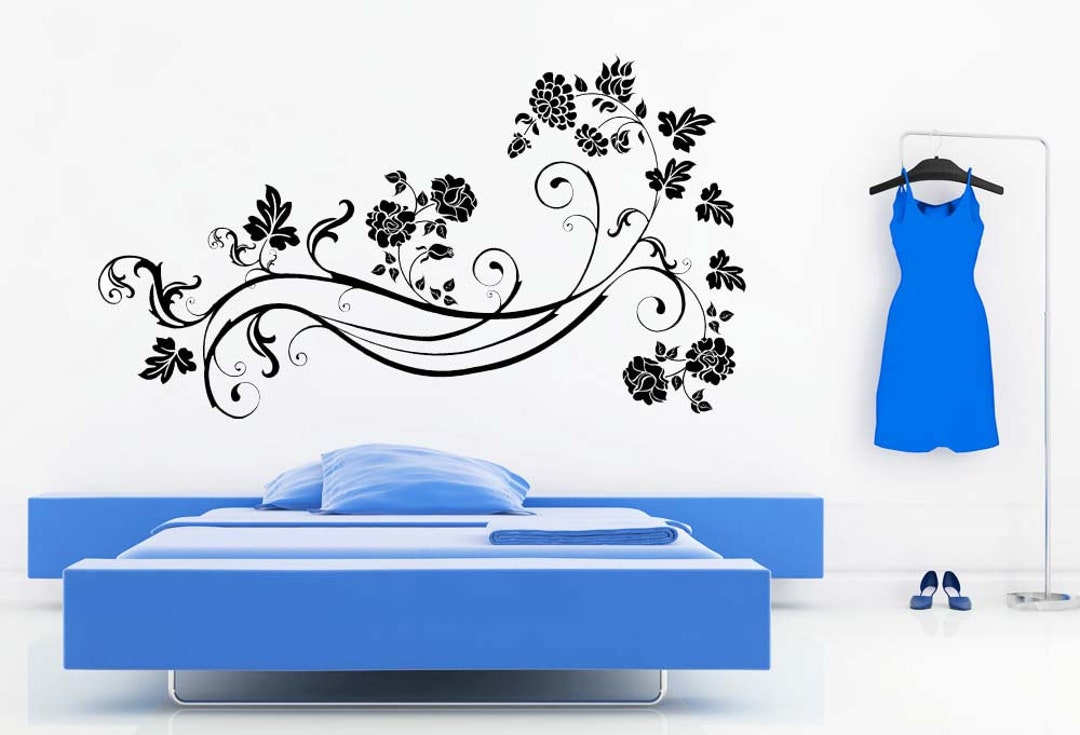 Horizontal Wall Art, Floral Decoration, Swirls Wall Decal, Flowers ...