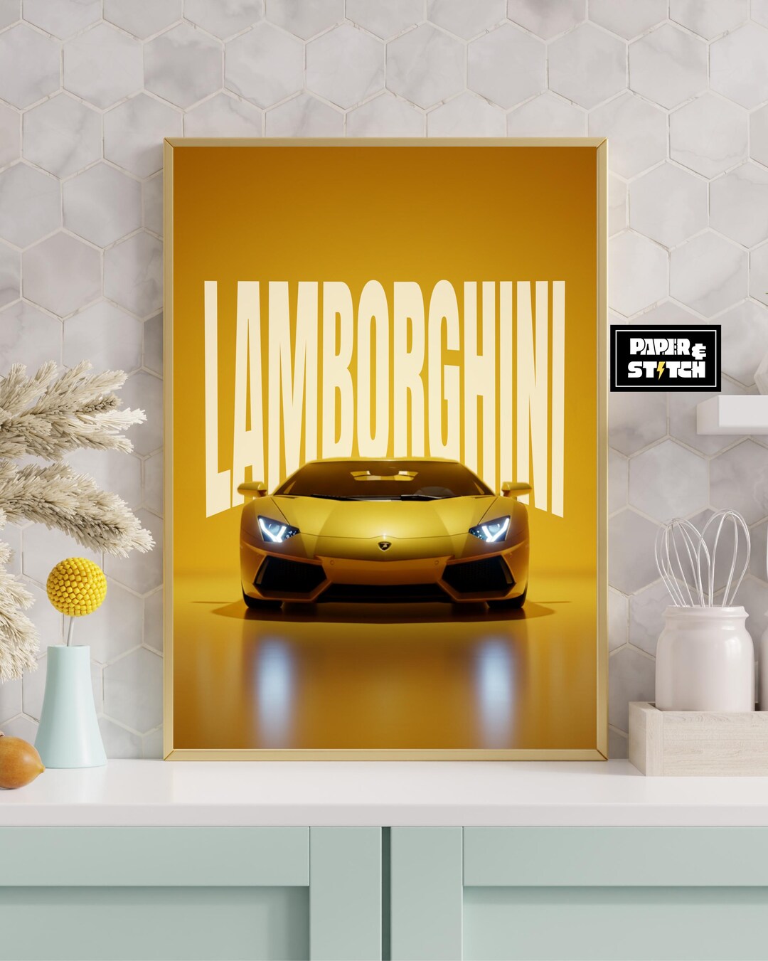 Lamborghini Luxury Supercar Poster, Bold Yellow 3D Style Automotive ...