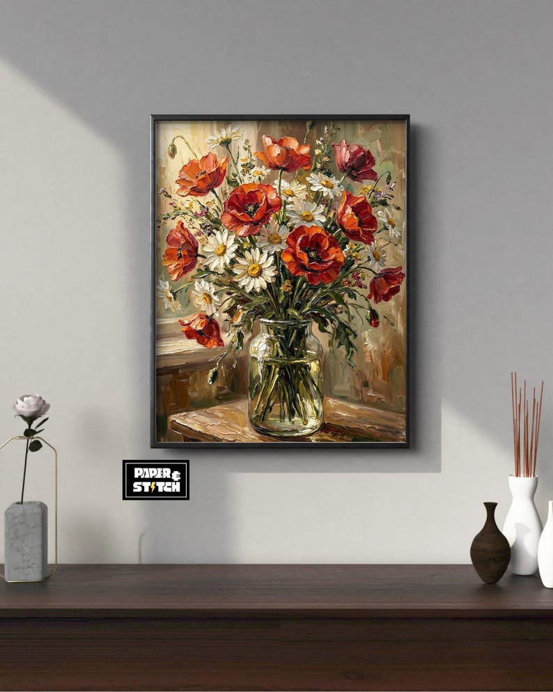 Poppy Daisy Floral Bouquet Printable Wall Art | Botanical Flower Home ...