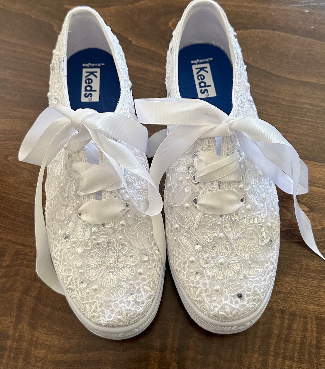 KEDS Wedding Sneakers Bridal Tennis Shoes Flats WHITE Eyelet Trim Embellished Gems Pearls Unique ...
