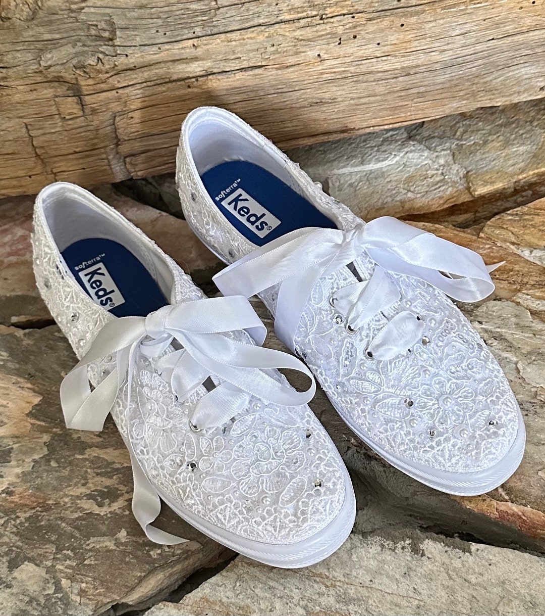 Custom KEDS Wedding Sneakers Bridal Tennis Shoes Flats WHITE Eyelet Trim Embellished Gems Pearls ...