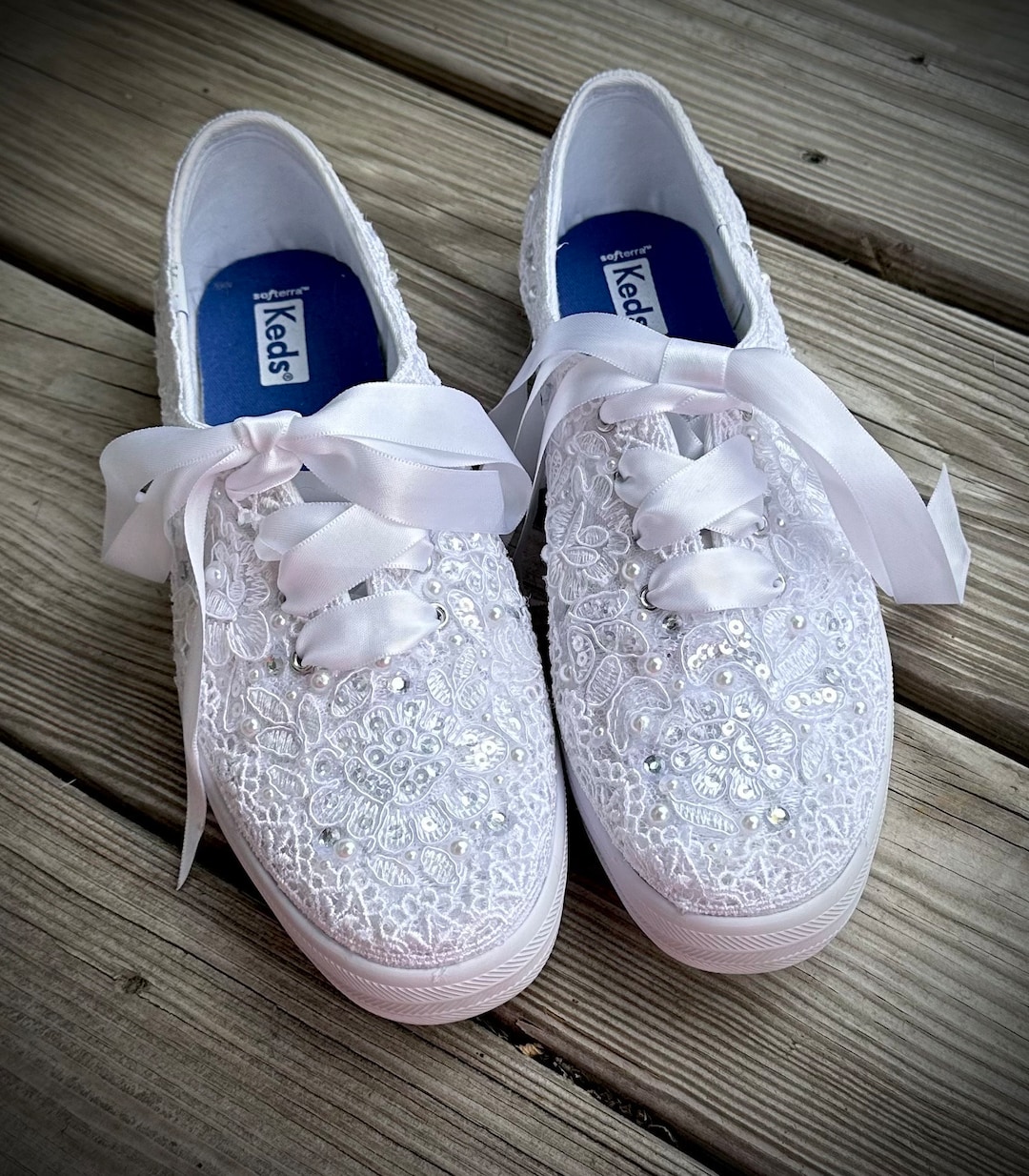 KEDS Wedding Sneakers Bridal Tennis Shoes Flats WHITE Eyelet Trim Embellished Gems Pearls Unique ...