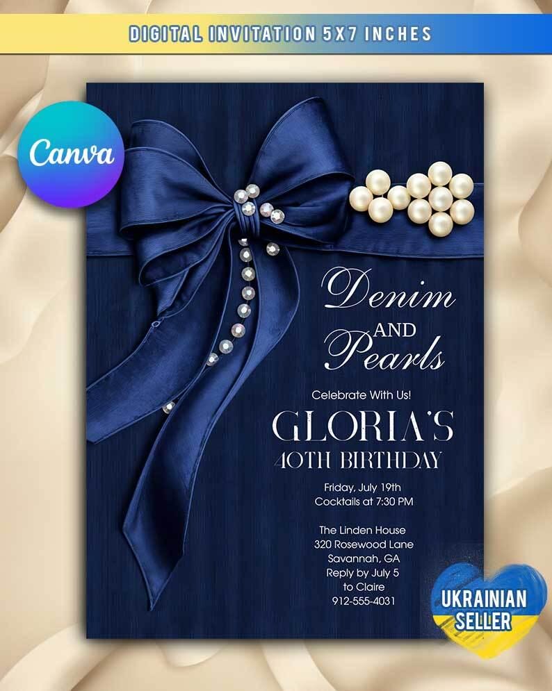 Denim and Pearls Birthday Invitation 60th | Blue Pearl Elegant Party ...