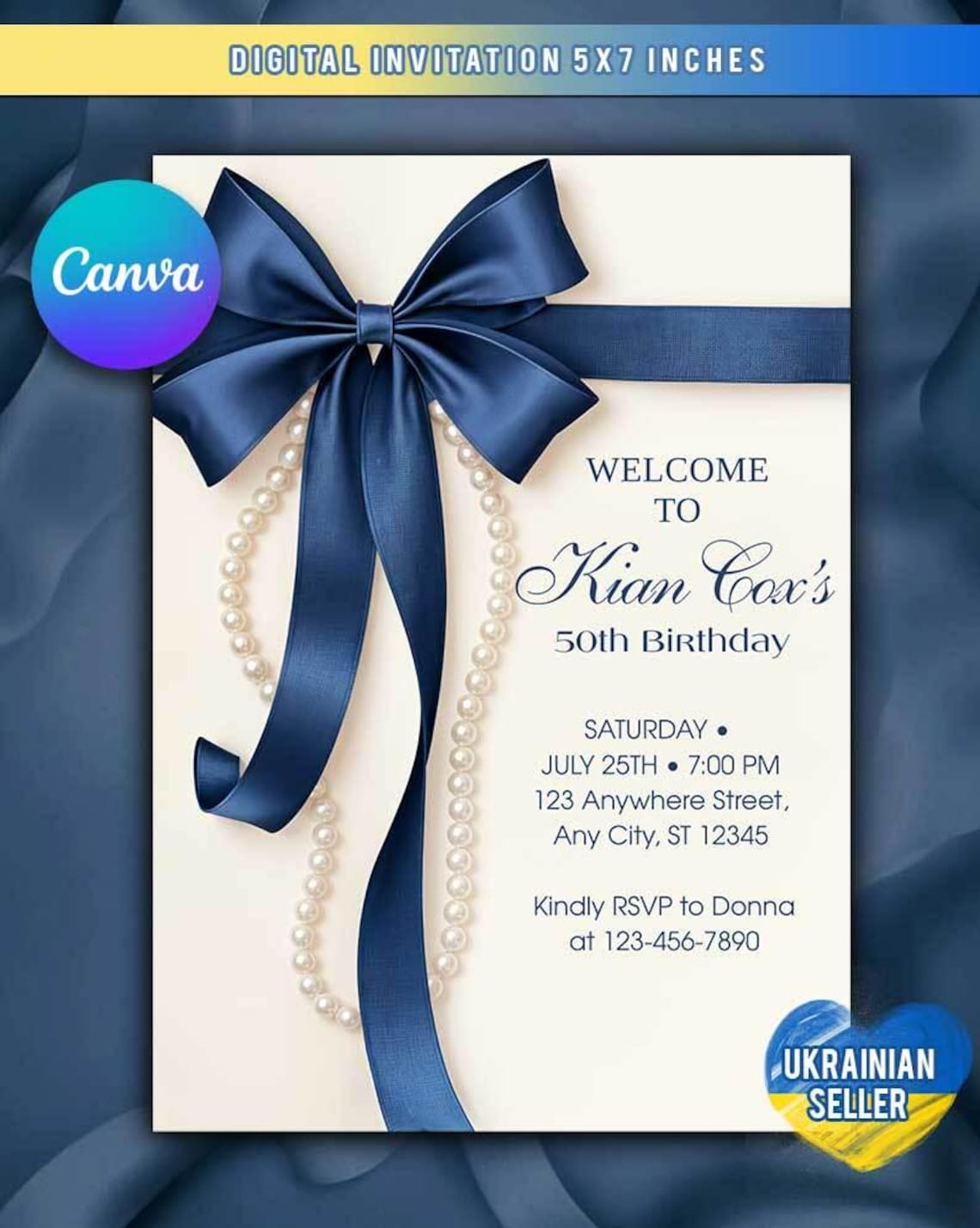 Denim and Pearls Birthday Invitation 60th | Blue Pearl Elegant Party ...