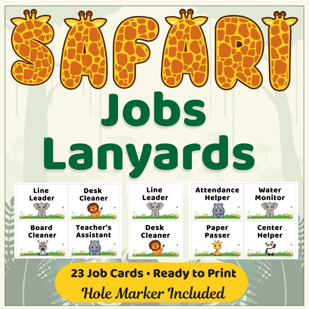 Safari Classroom Jobs Lanyards Printable | Preschool Job Cards | Line ...