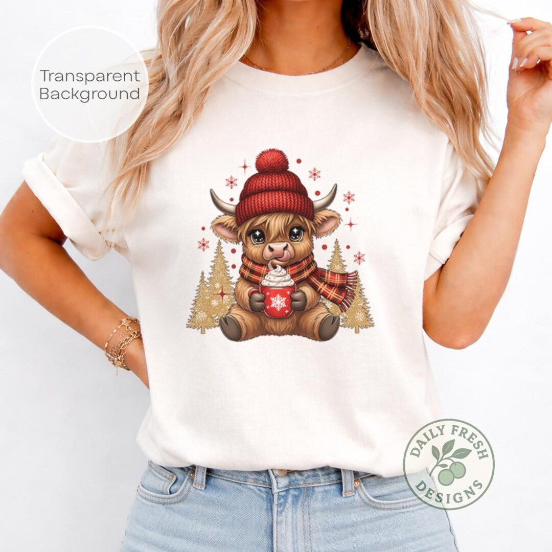 Christmas Highland Cow, Cozy Winter Calf, Cocoa Sublimation Png, Funny ...