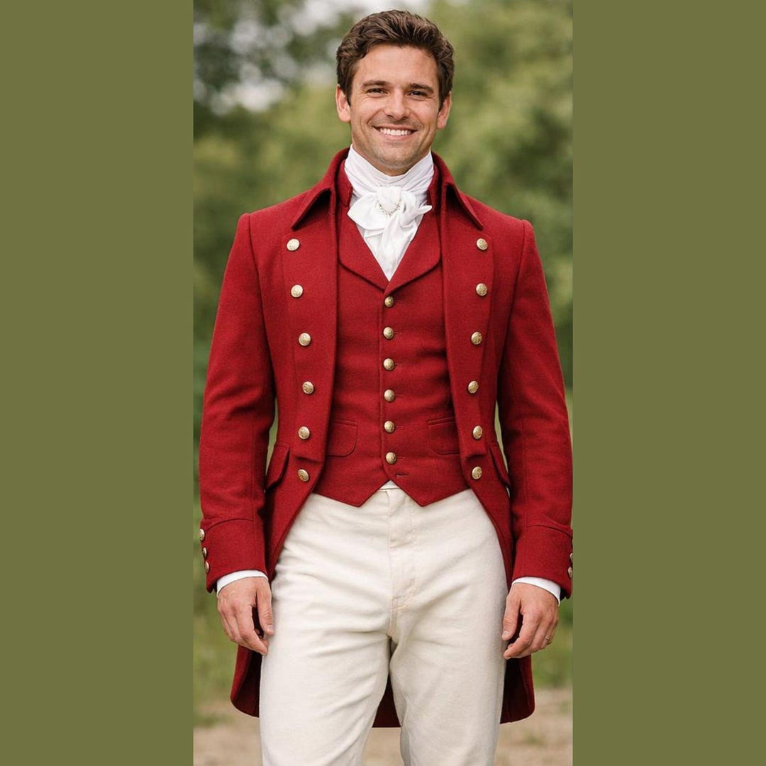 Men's Red Wool Regency Tail Coat Historical Wedding Costume Dress 19th ...
