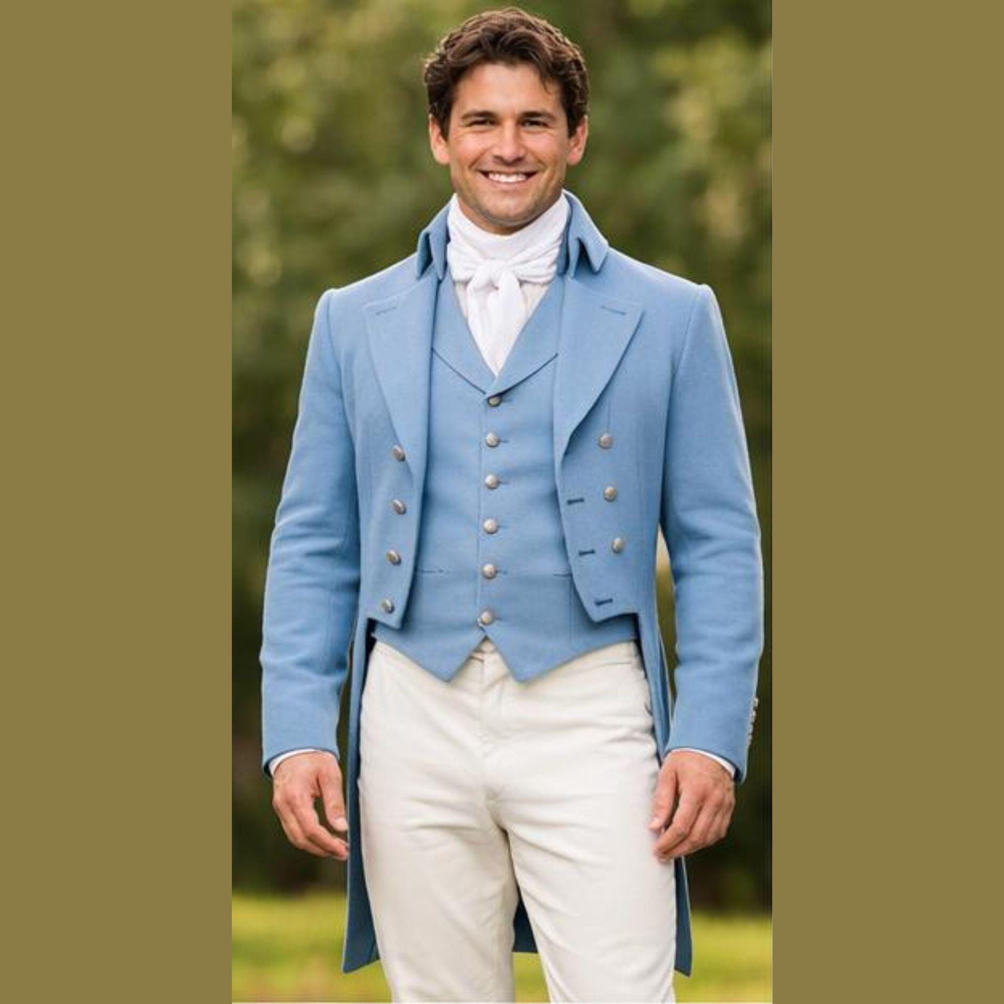 Men's Sky Blue Wool Regency Tail Coat, Historical Wedding Costume Dress ...