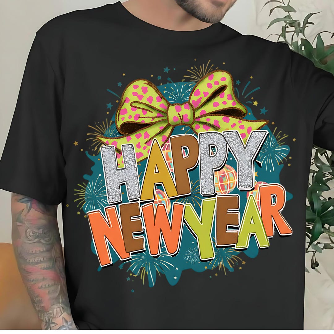 Happy New Year PNG, Preppy Bow Fireworks Party Text, Leopard Bow ...