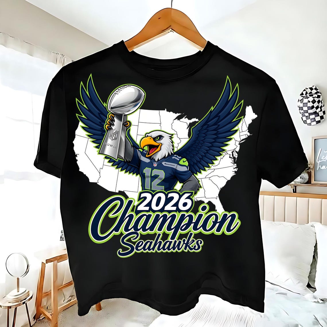 Seattle Football Champion 2026 PNG, Hawk Mascot Trophy Design, 12th Fan ...