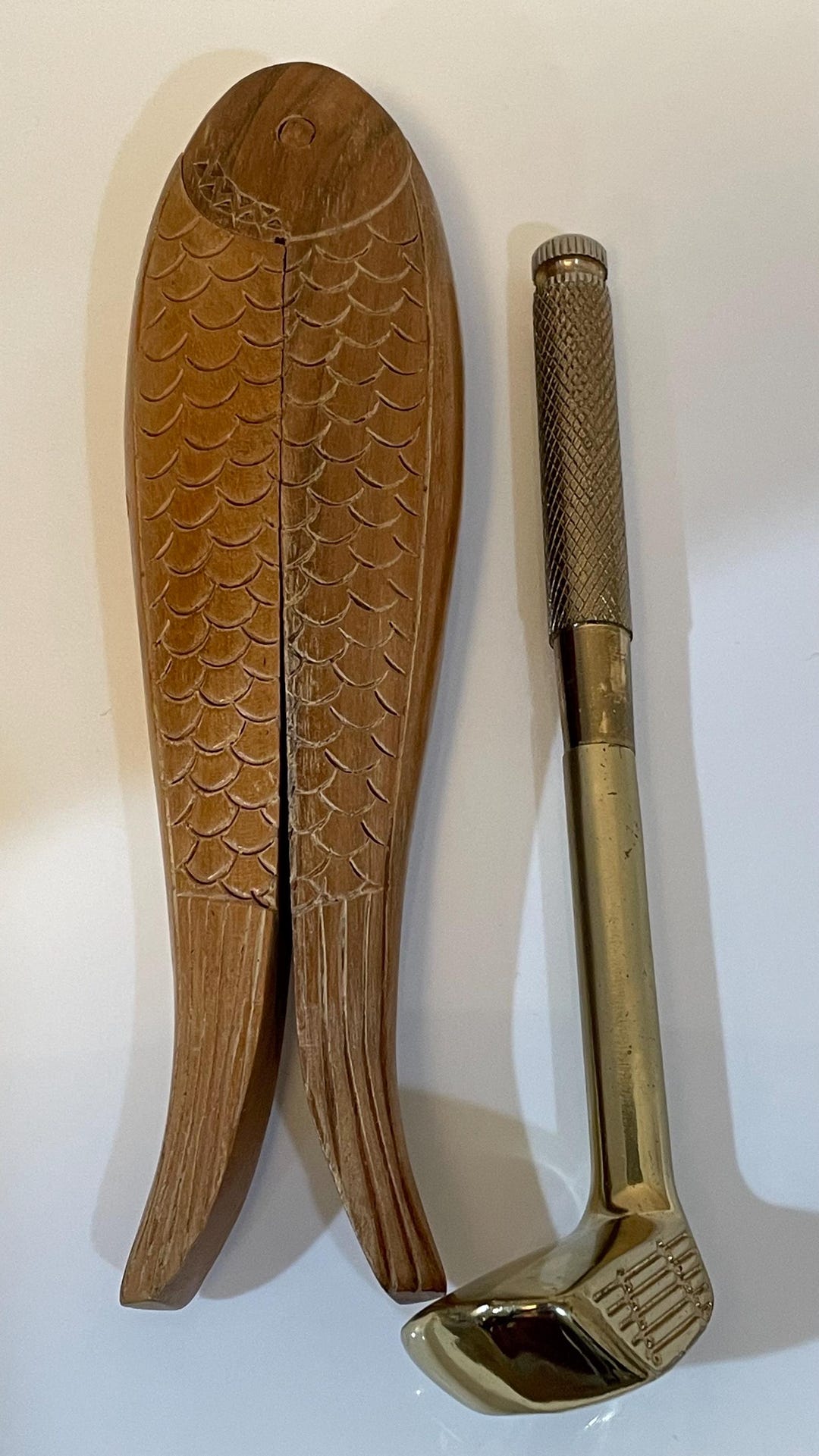 Hand Carved Vntg. Wooden Fish Nut Cracker & Vntg. Golf Club Nesting ...