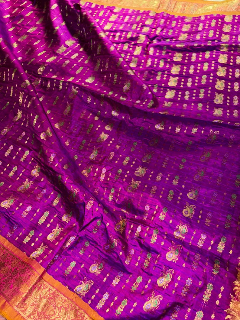 Real Kanchipuram Weave Pure Silk Saree | Violet Gold Handloom Sari - Etsy
