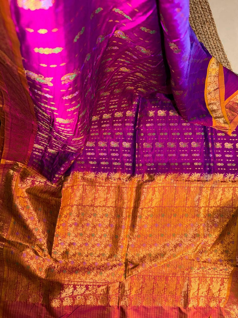 Real Kanchipuram Weave Pure Silk Saree | Violet Gold Handloom Sari - Etsy