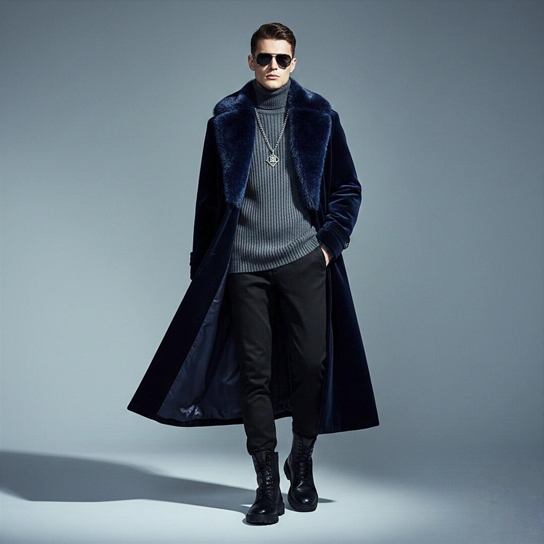 Handmade Men's Royal Blue Velvet Overcoat - Luxury Faux Fur Collar - Etsy