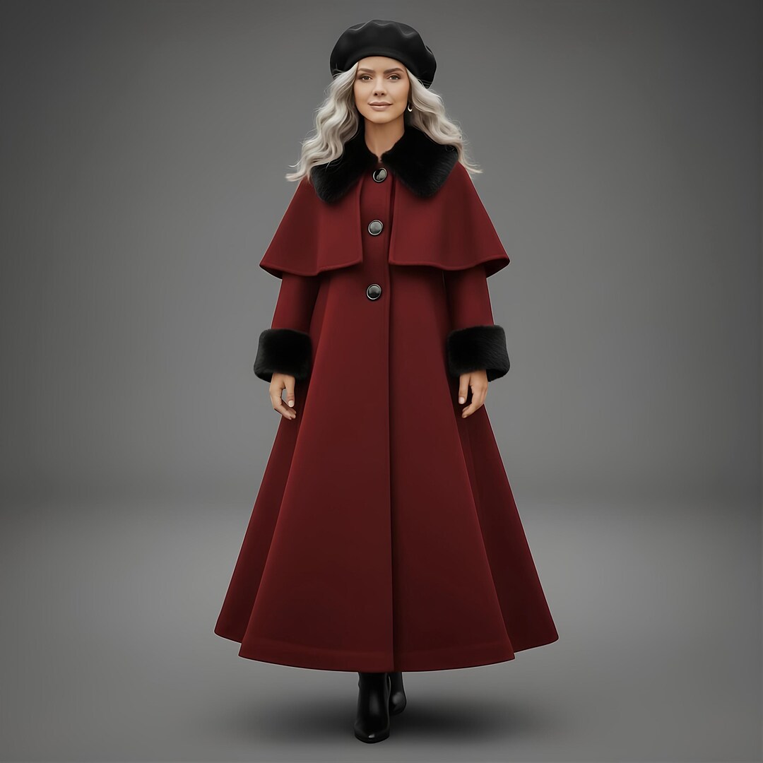 Red Wool Cape Coat, Faux Fur Trim, Victorian Winter Coat - Etsy