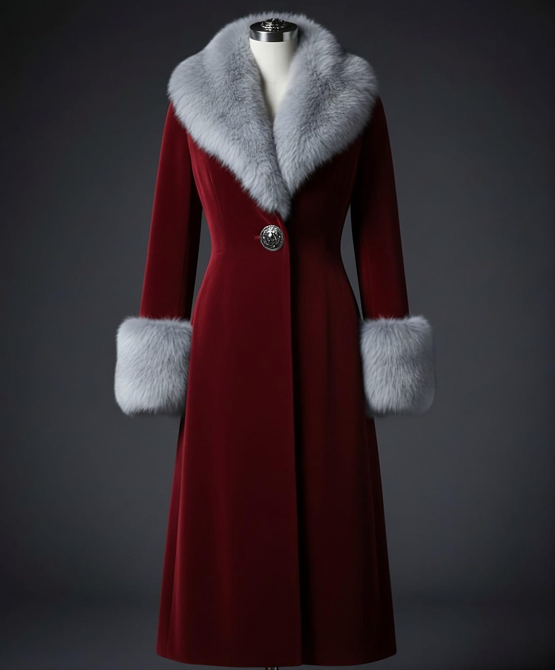 Women's Red Velvet Overcoat With Grey Fur Collar & Cuffs | Elegant ...