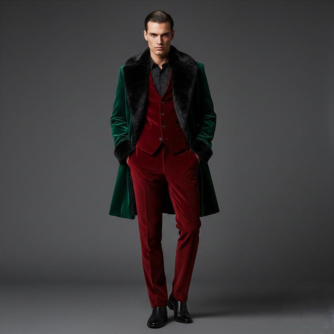 Men's Emerald Green Velvet Overcoat, Red Velvet 3-piece Suit, Gothic ...