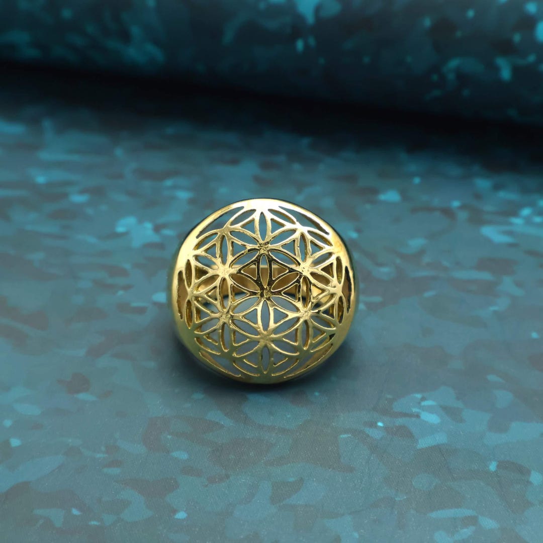 Gold Geometric Ring – Flower of Life Statement Ring, Sacred Geometry ...